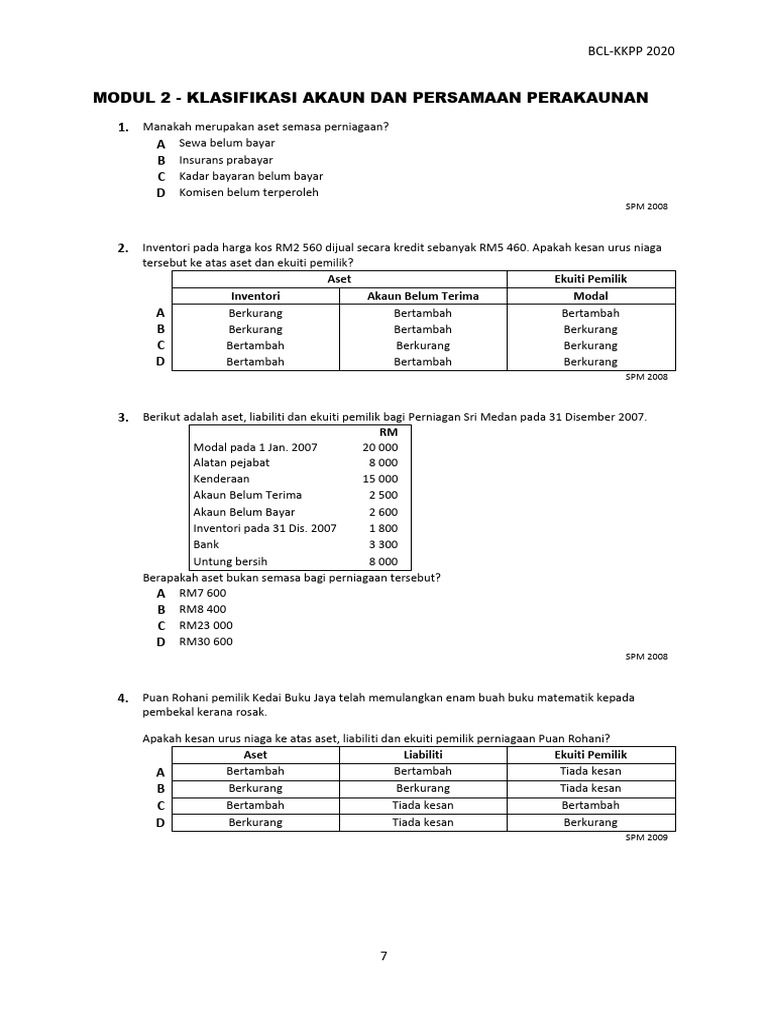 Modul 2 - Klasifikasi Akaun Dan Persamaan Perakaunan: 1. A B C D | PDF