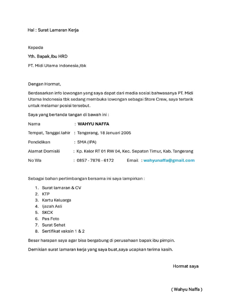 Surat Lamaran Kerja - Wahyu Naffa | PDF