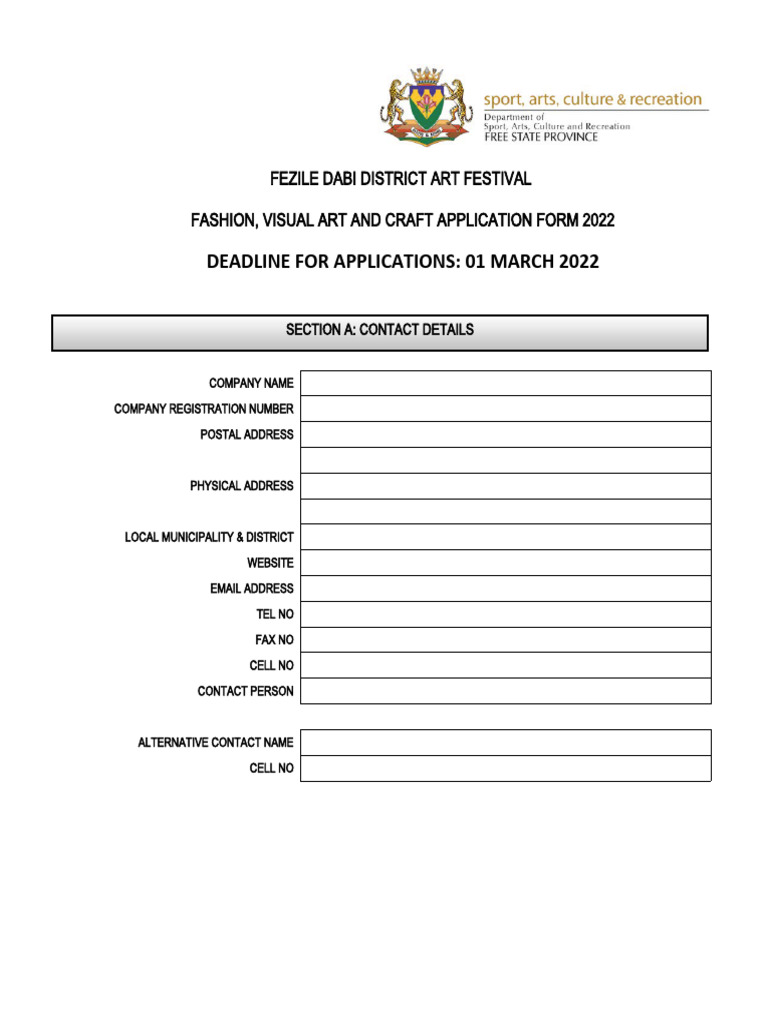 Fezile Dabi District Festival Application Forms 2022 Visual Art | PDF
