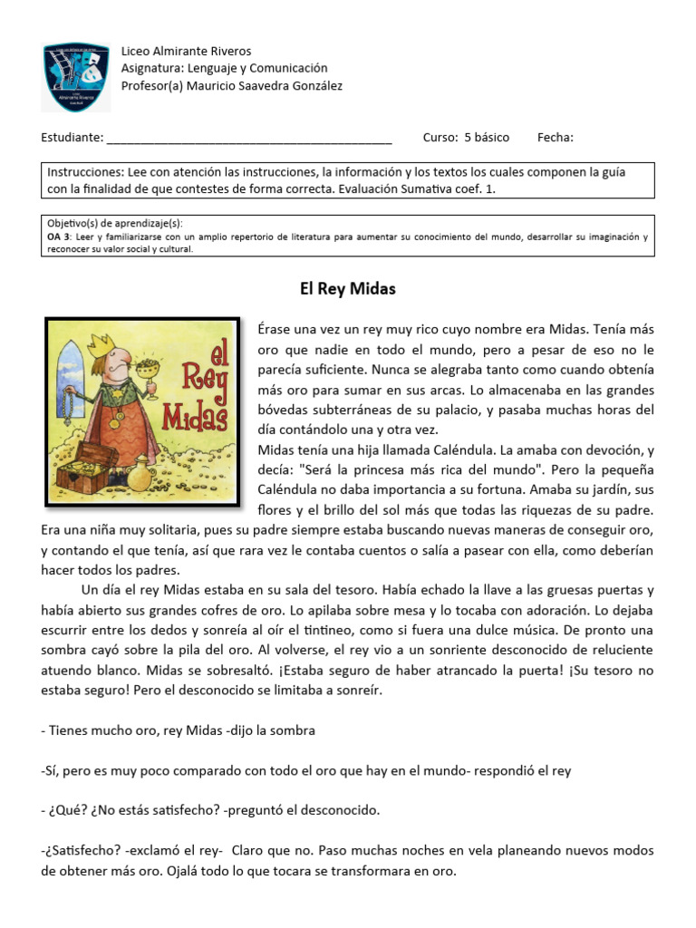 Comprensión Lectora Rey Midas | PDF