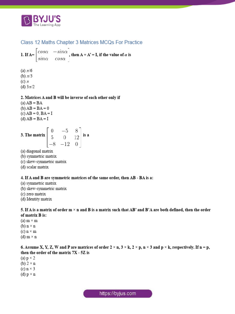 Class 12 Maths Chapter 3 Matrices MCQs | PDF