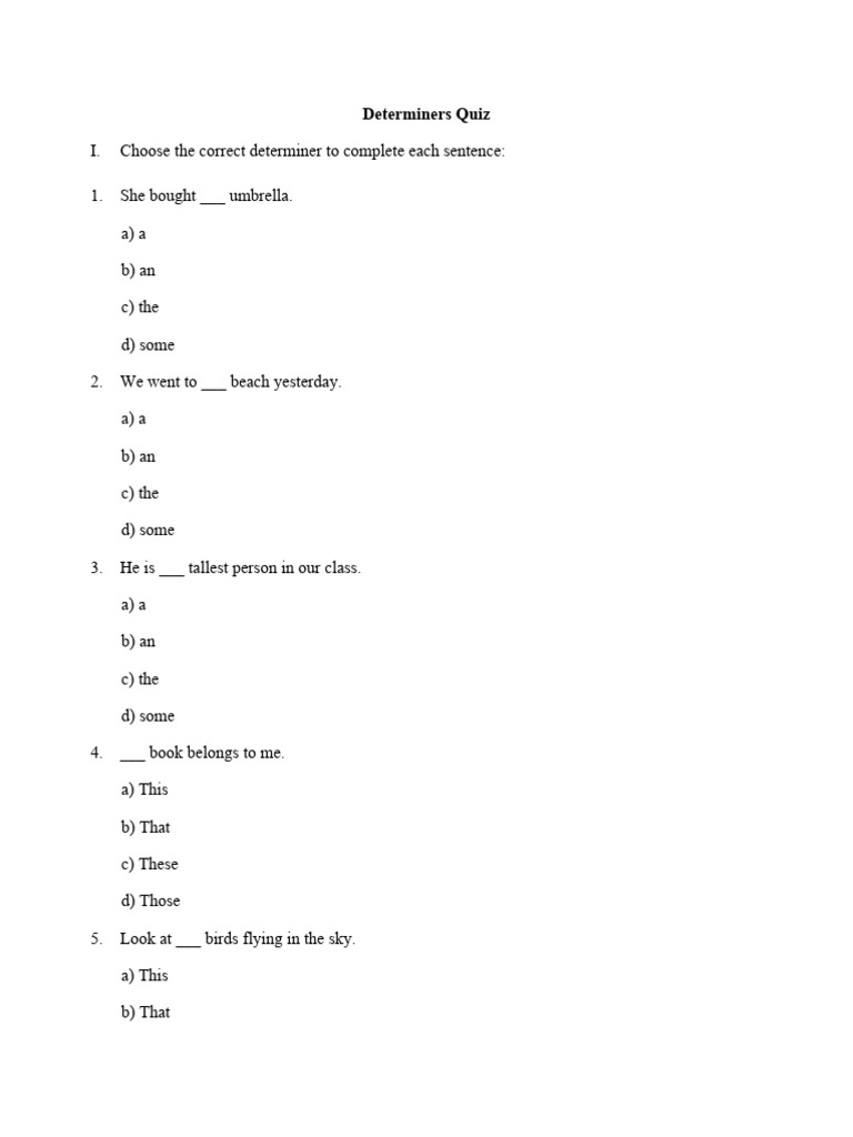 Determiners Quiz: Fill-in-the-Blank Exercise | PDF