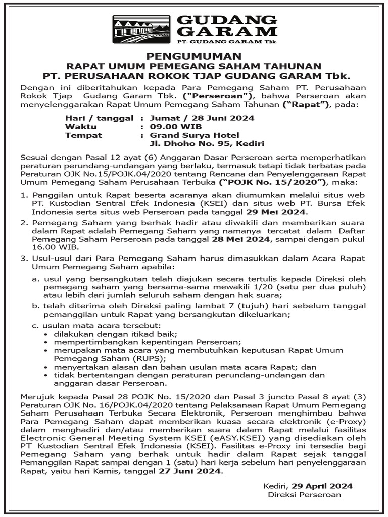 RUPS Tahunan Gudang Garam 2024 | PDF