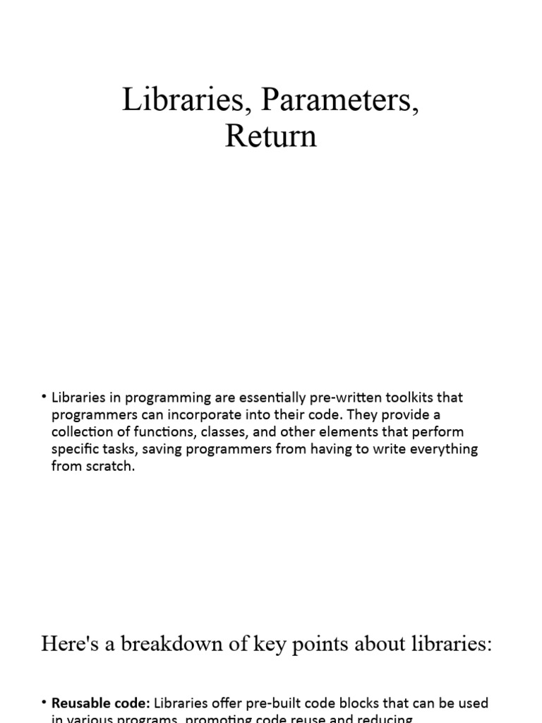 Libraries, Parameters, Return | PDF | Parameter (Computer Programming) | Computer Programming