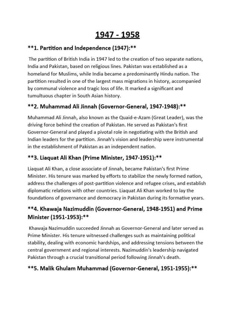 Pakistan's Early Years: 1947-1958 Overview | PDF | Muhammad Ali Jinnah ...