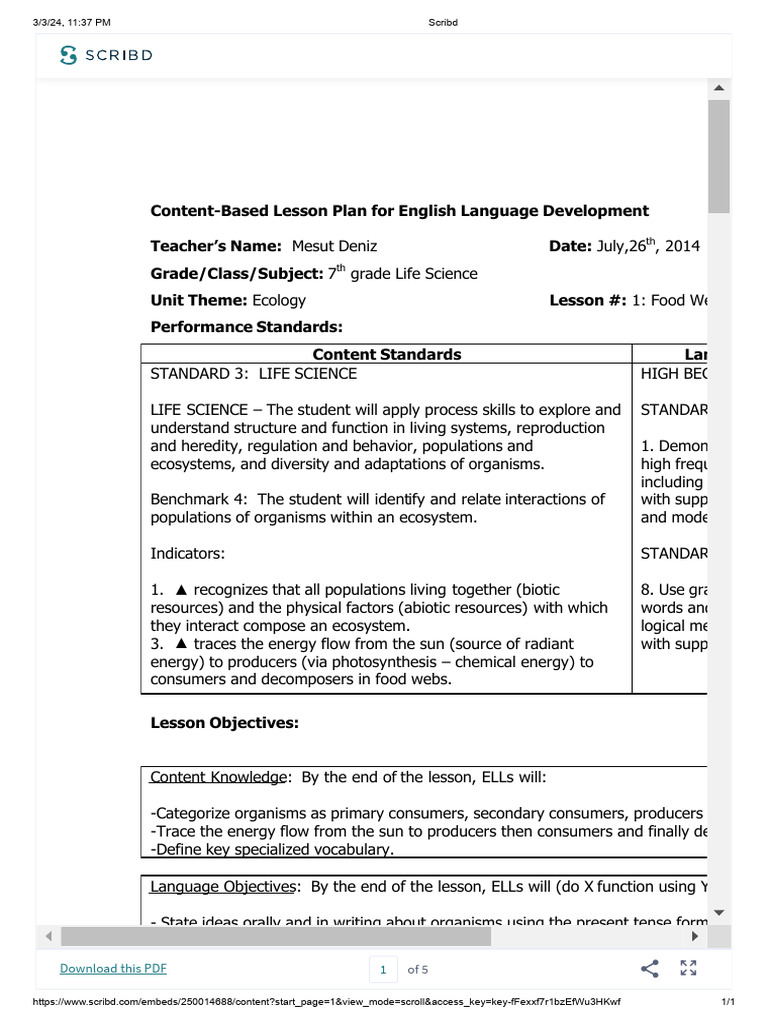Content Based Lesson Plan | PDF | Ecosystem | Earth Sciences