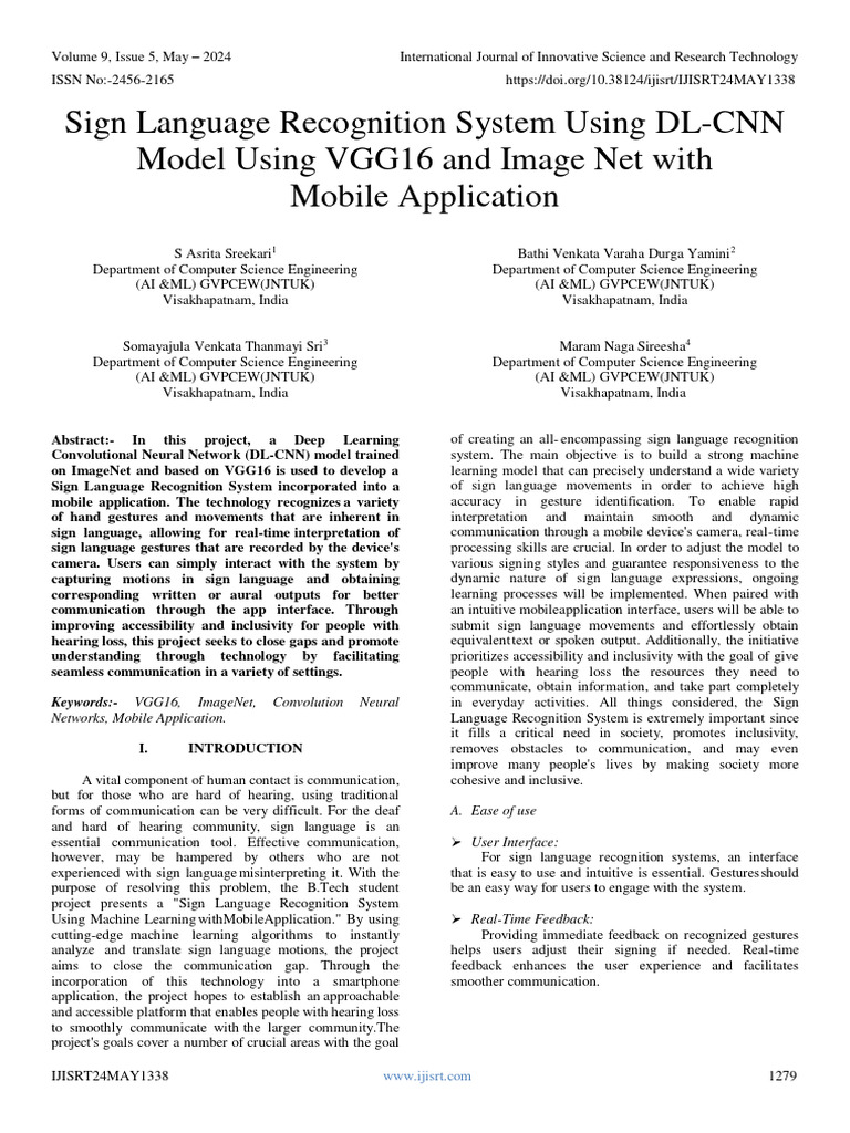 Sign Language Recognition System Using DL-CNN Model Using VGG16 and Image Net With Mobile ...