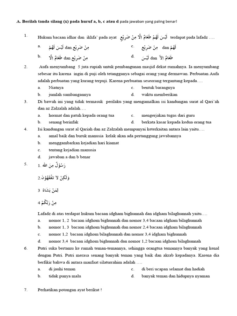 Soal Quran Hadits Ujian Madrasah Kls 6 2023 | PDF