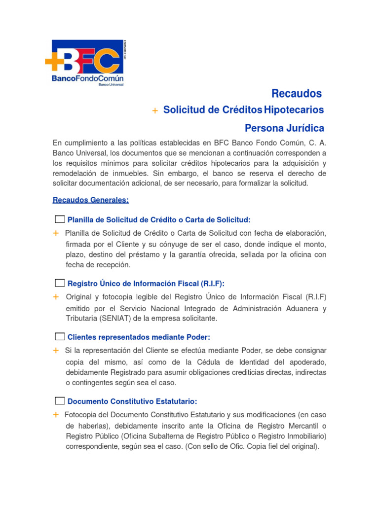 Persona Jurídica-Recaudos Solicitud de Créditos Hipotecarios | PDF ...