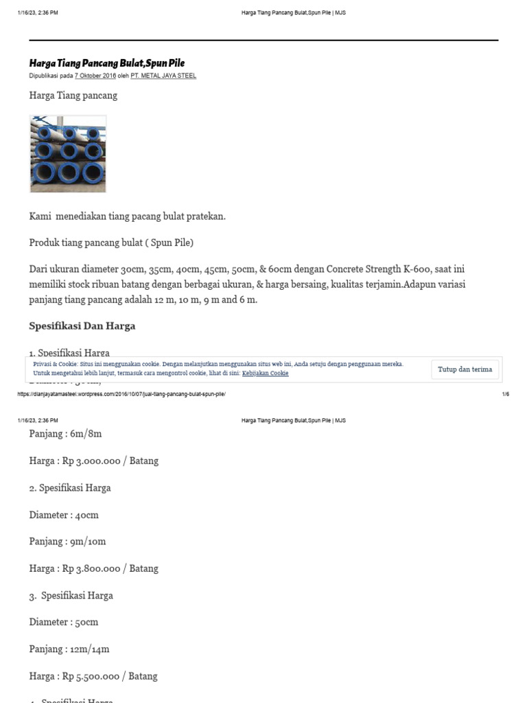 Harga Tiang Pancang Bulat, Spun Pile - MJS | PDF