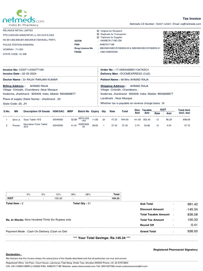 Medicine Invoice | Download Free PDF | Payments | Taxes