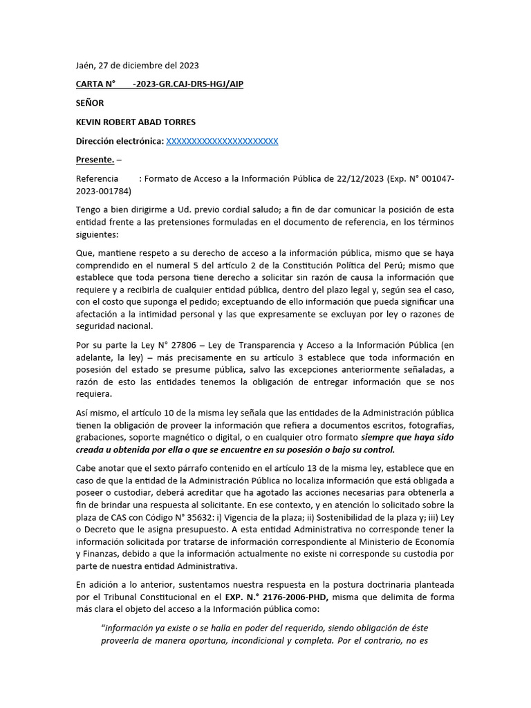 Carta Acceso A La Información Pública - Negativa Por Elaboración e ...