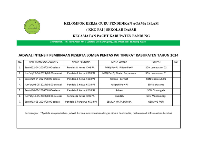 JADWAL PEMBINAAN PESERTA PENTAS PAI TINGKAT KABUPATEN 2024 Ok | PDF