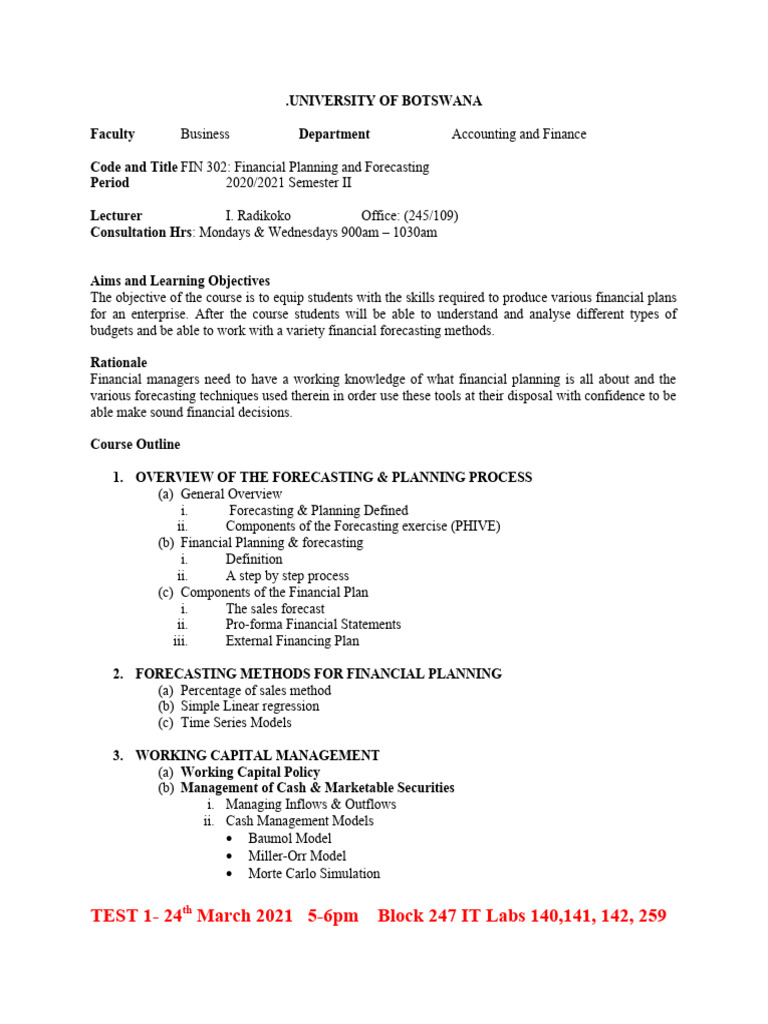 Fin 302 Course Outline 2020-2021 | PDF | Financial Plan | Forecasting