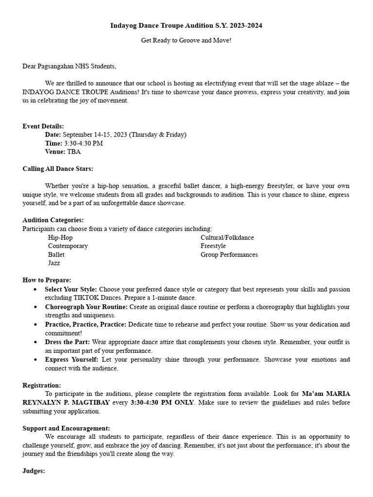 Indayog Dancetroupe Audition 2023 | PDF | Audition | Dances