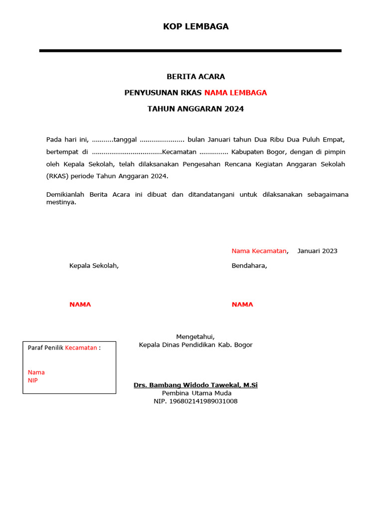 Berita Acara Penyusunan Rkas Dan Rkas Bosp 2024 | PDF