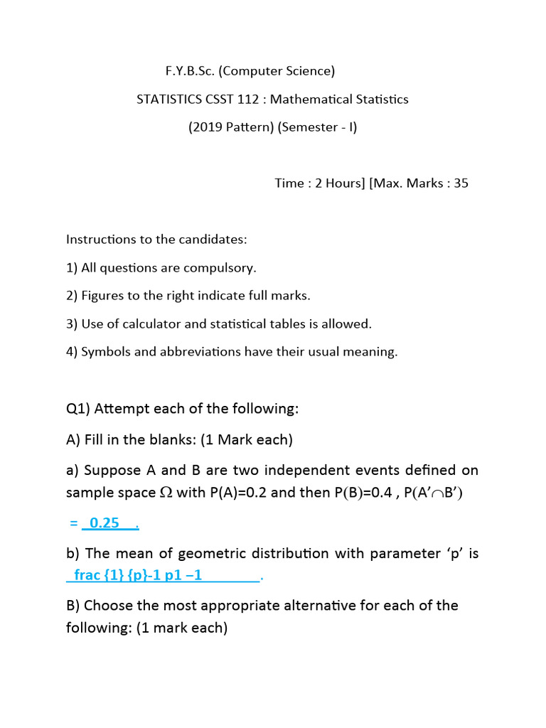 BCS Statistics 112 Sem 1 2019 Answers | PDF | Probability Distribution ...