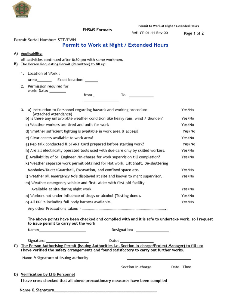 Night Work Permit | PDF | Safety