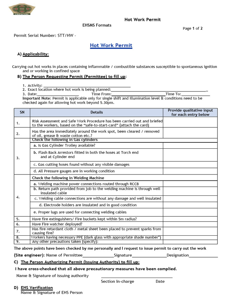 CP 01-2 Hot Work Permit STTGDC | PDF | Welding | Construction