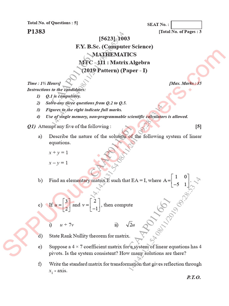 BSC - BSC Cs Mathematics - Semester 1 - 2019 - November - Matrix ...
