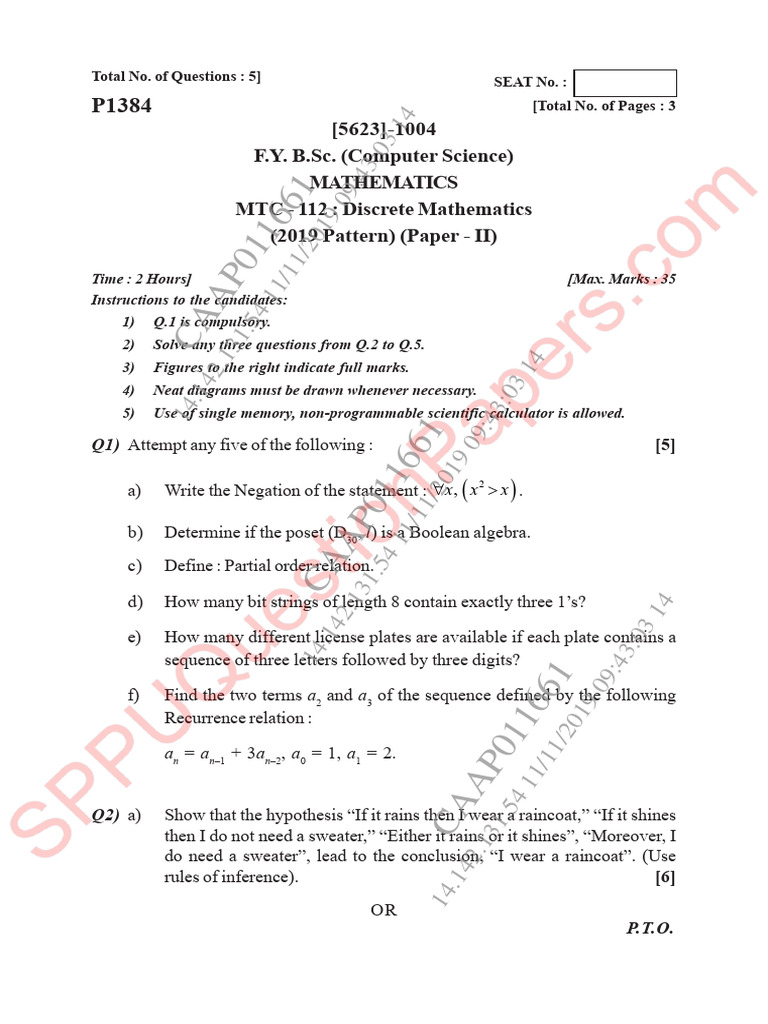 BSC - BSC Cs Mathematics - Semester 1 - 2019 - November - Discrete ...