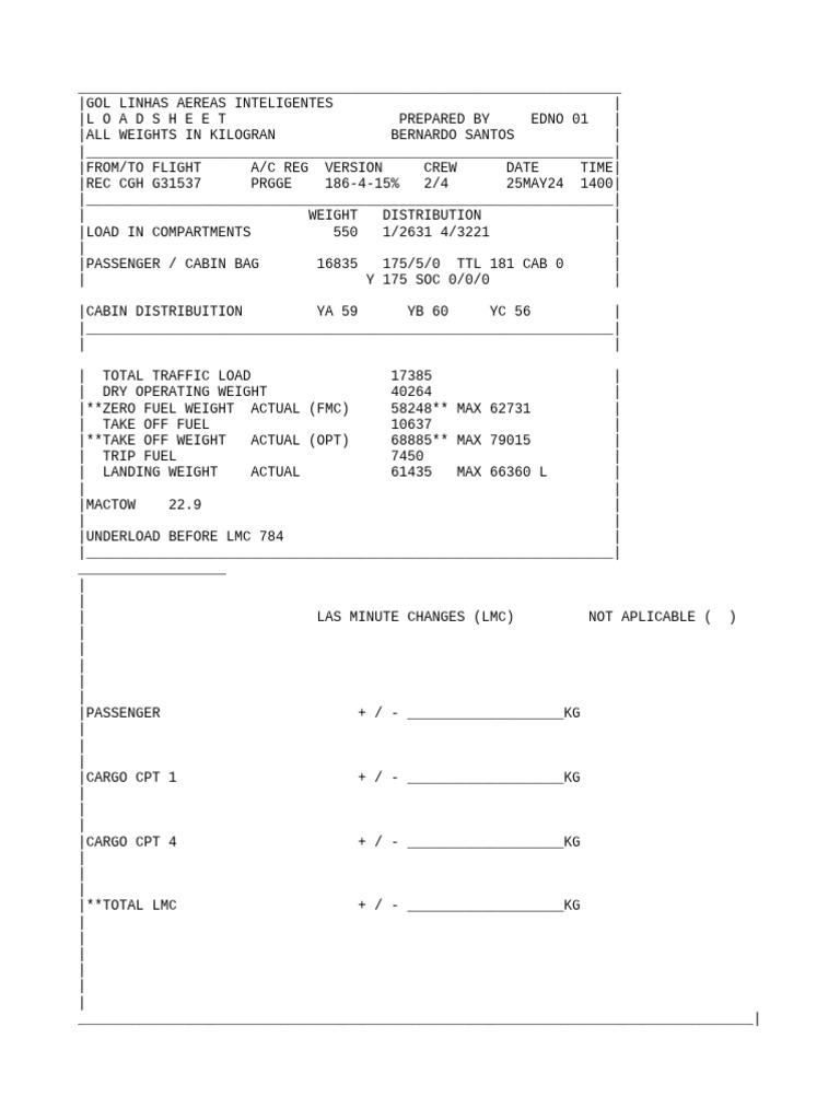 Load Sheet and Weight Report | PDF | Aviation | Aircraft