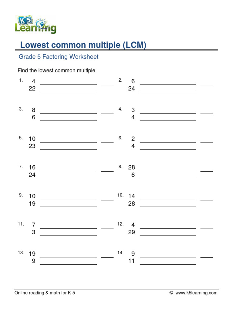 Grade 5 Factoring Worksheet - Lowest Common Multiple (LCM) | PDF