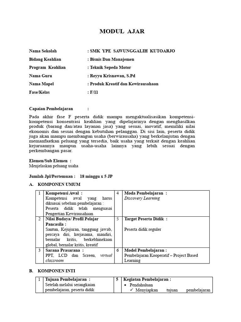 MODUL AJAR PKK Kelas XI - Kurmer | PDF