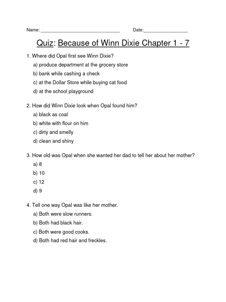 Winn-Dixie Chapter 1-7 Quiz | PDF | Art