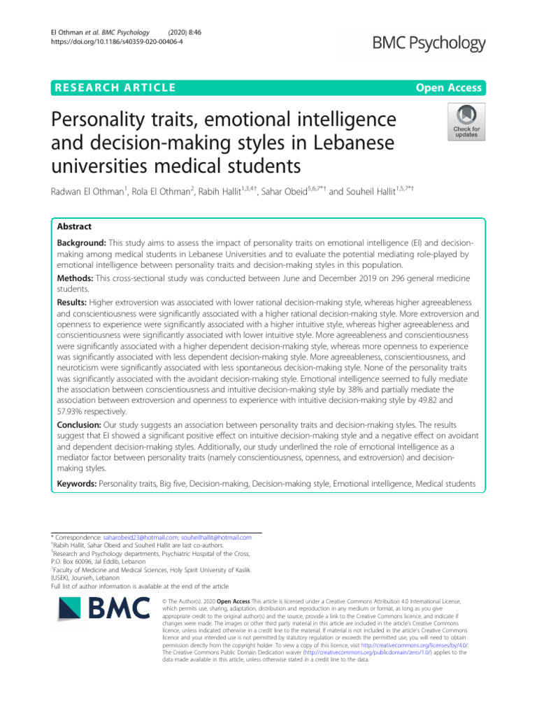 Personality Traits, Emotional Intelligence and Decision-Making Styles in Lebanese Universities ...