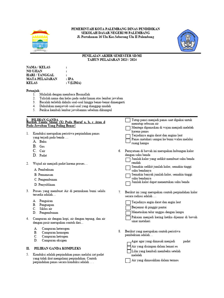 Soal Pat Ipa Dan Kunci Kelas V | PDF