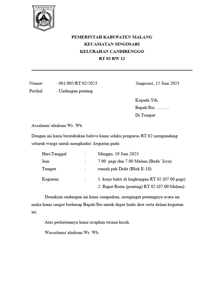 Surat Undangan Rapat RT | PDF