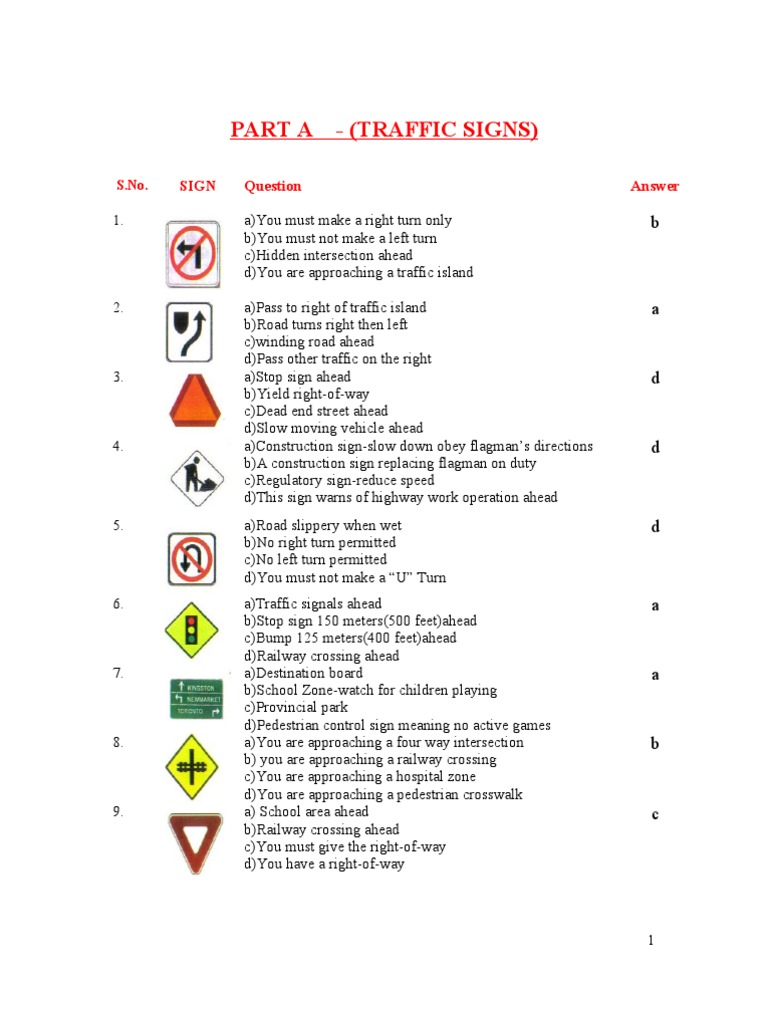 Traffic Signs and Rules Quiz | PDF | Traffic | Intersection (Road)