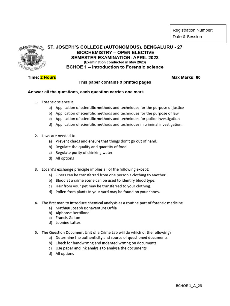 BCHOE1 - Introduction To Forensic Science - UG - 4th Sem - 2023 | PDF | Crime Scene | Morphine