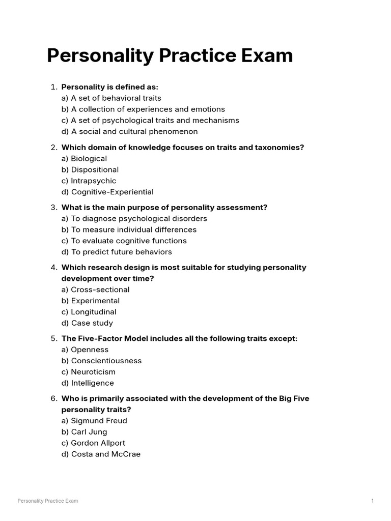 Personality Practice Exam | PDF | Psychology | Personality Disorder