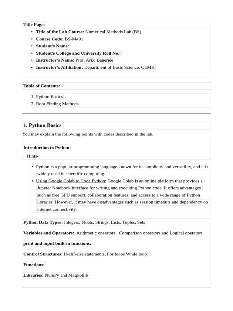 Numerical Methods Lab: Python Basics | PDF