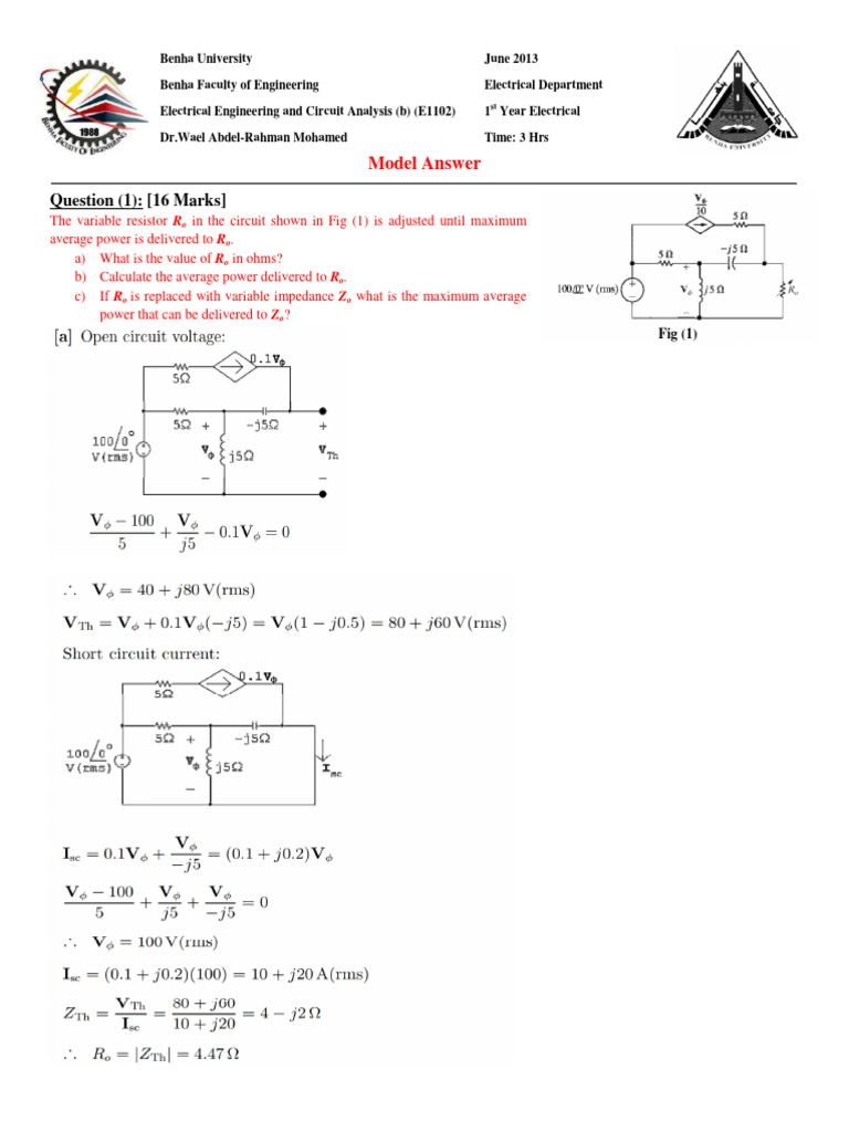 Circuit Final Model Answer | PDF | Electrical Network | Electrical ...