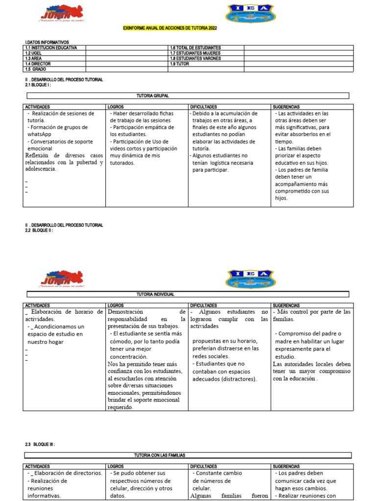Informe Anual de Tutoria 2022 | PDF Informe Anual de Tutoria 2022 | PDF