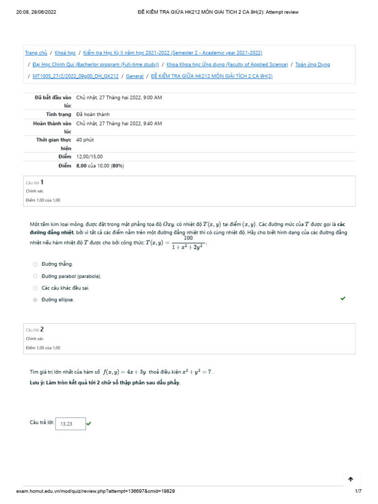 ĐỀ KIỂM TRA GIỮA HK212 MÔN GIẢI TÍCH 2 CA 9H (2) - Attempt review | PDF