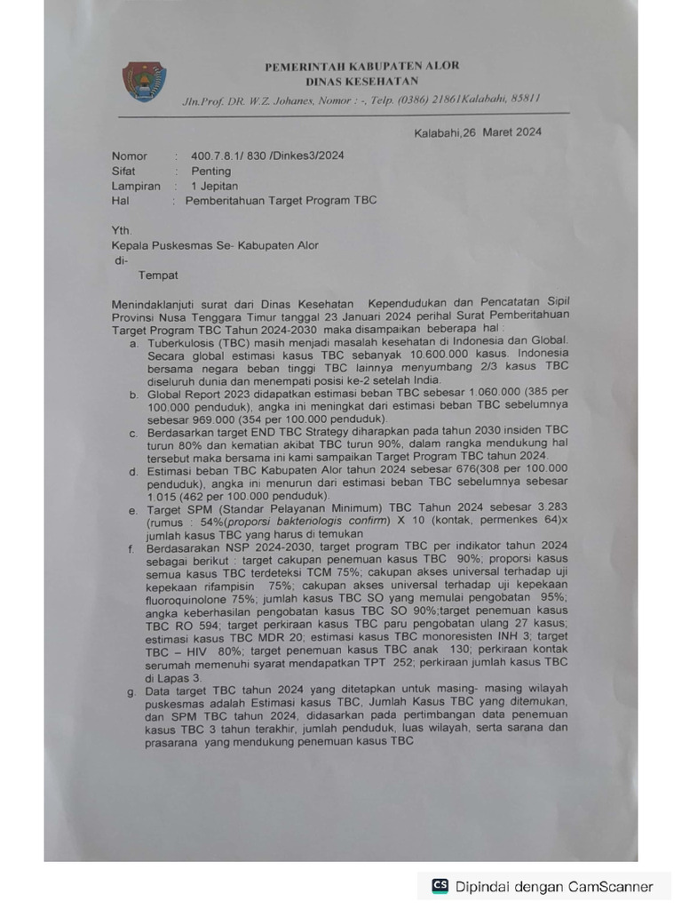 Surat Pemberitahuan Target TBC Per Puskesmas Tahun 2024.03 | PDF