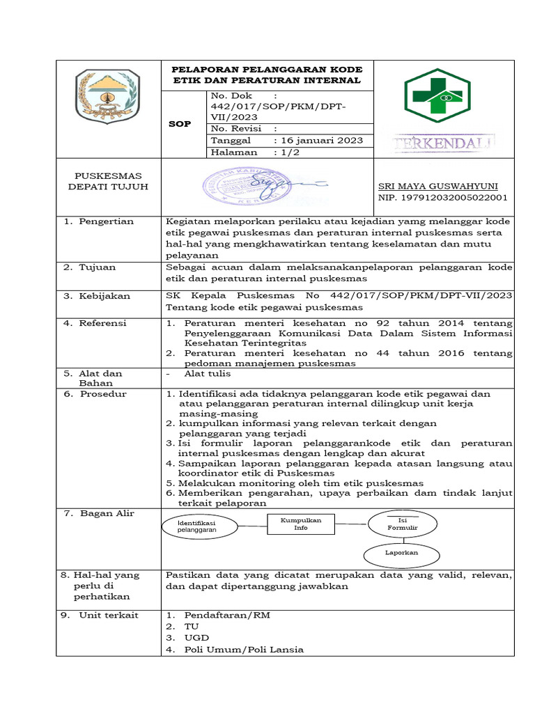 Sop Pelanggaran Kode Etik Dan Peraturan Internal | PDF