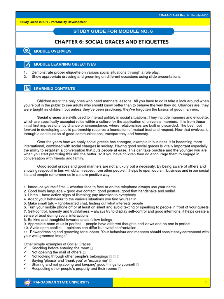 Social Graces and Etiquette Guide | PDF | Etiquette | Human Communication