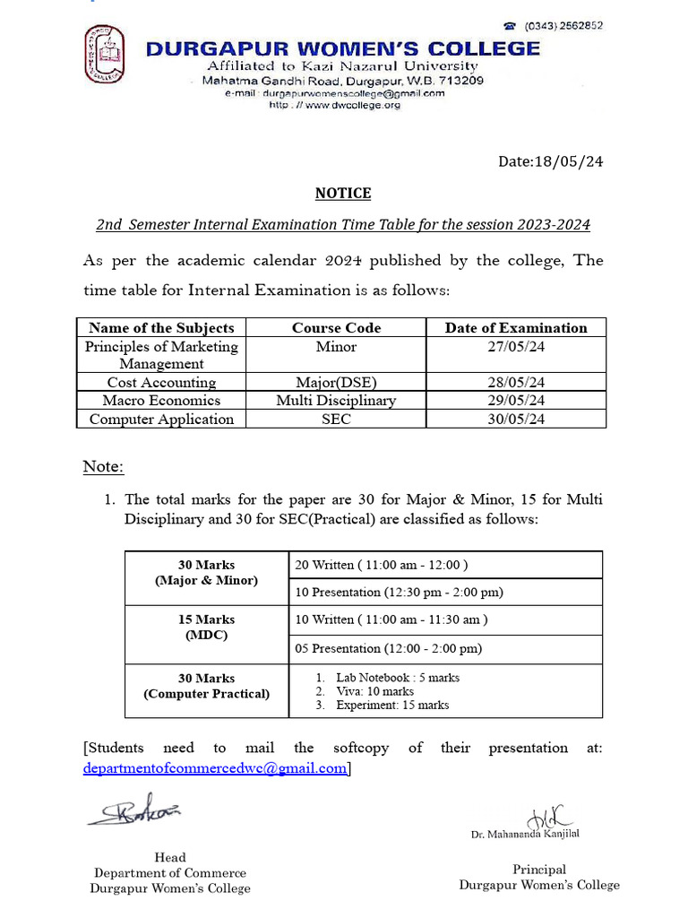 2nd Semester Internal Examination Time Table For The Session 2023-2024 ...