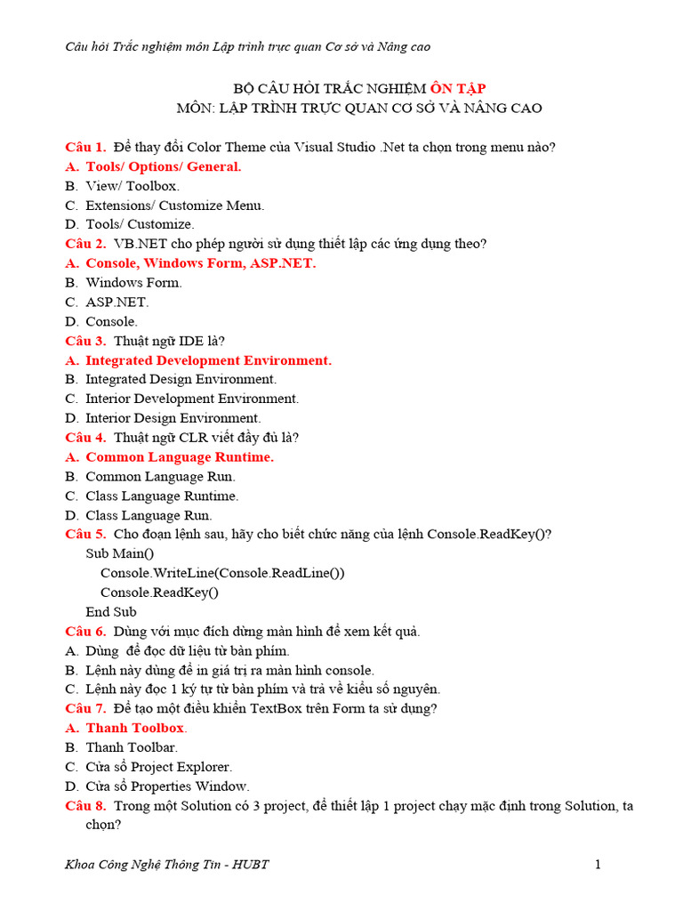 Bo Cau Hoi Trac Nghiem ON TAP | PDF