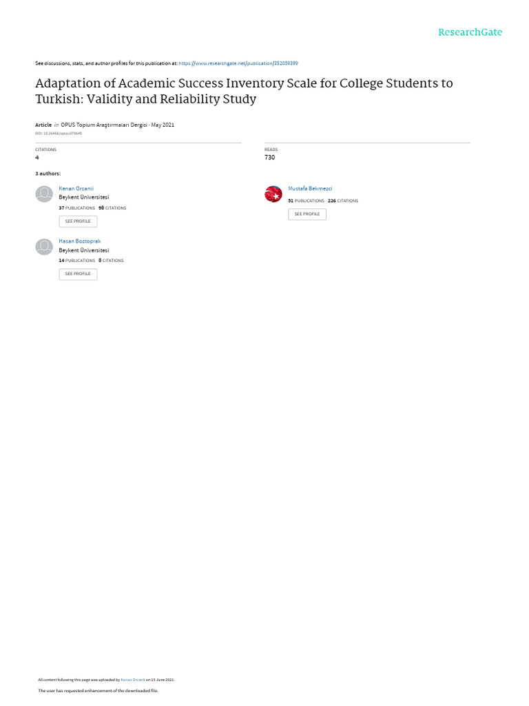 Adaptation of Academic Success Inventory Scale For | PDF