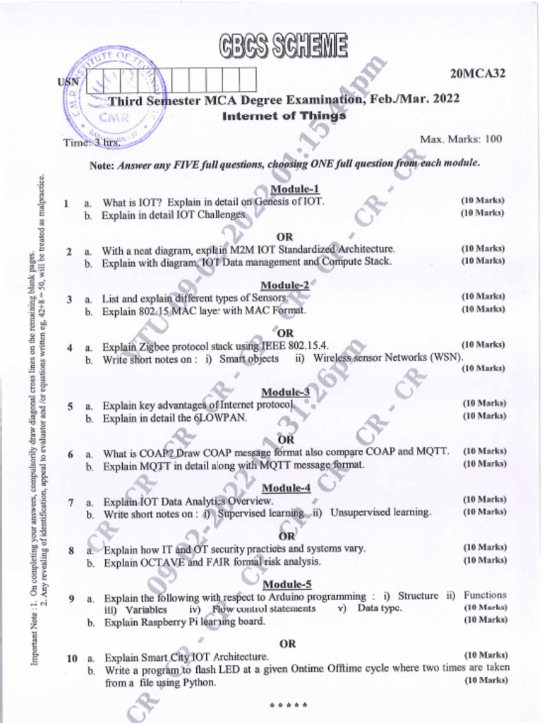 VTU Question Paper of 20MCA32 Internet of Things Feb-2022 | PDF