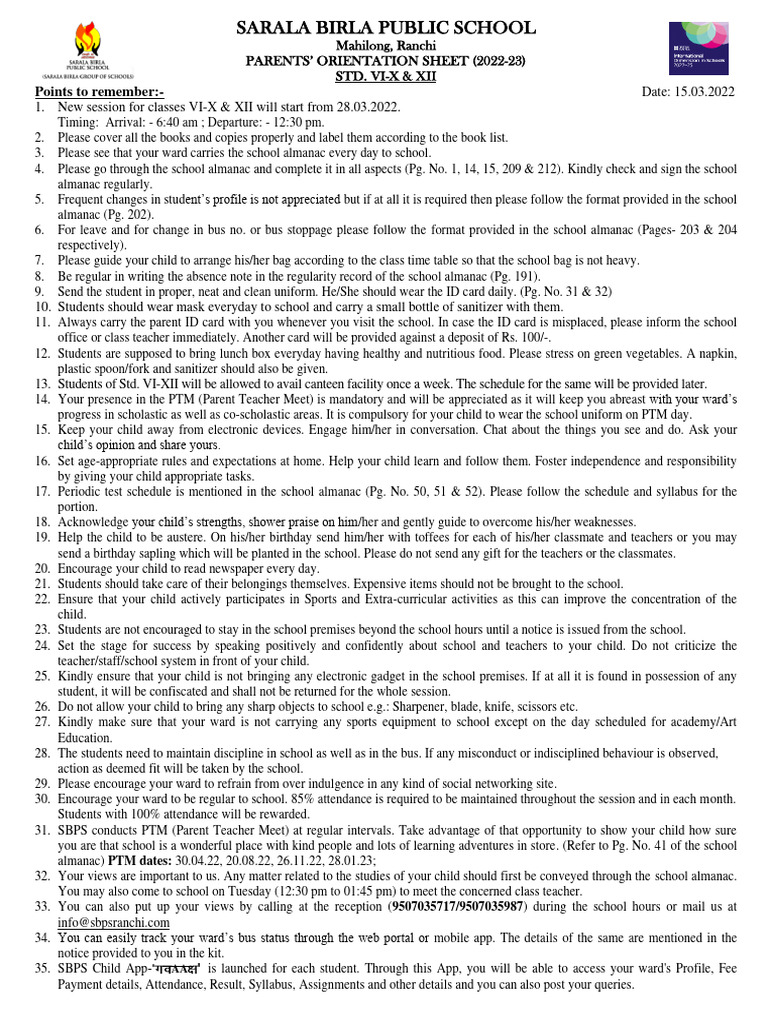 Parent Orientation Sheet Std. VI X XII 2022 23 English | PDF