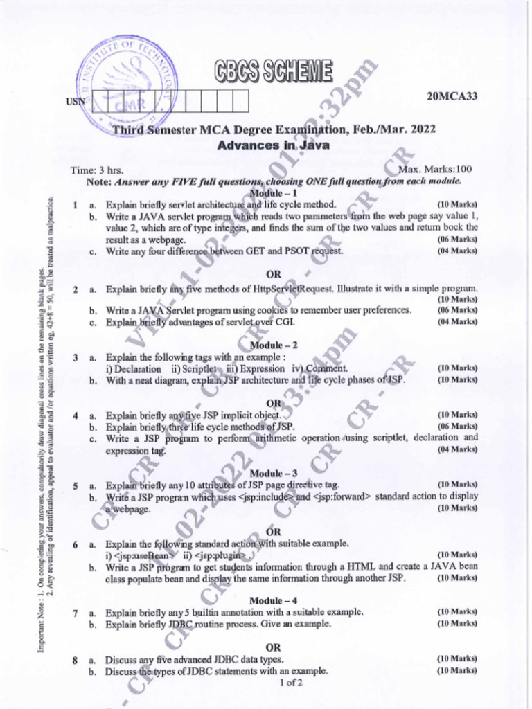 VTU Question Paper of 20MCA33 Advances in Java Feb-2022 | PDF