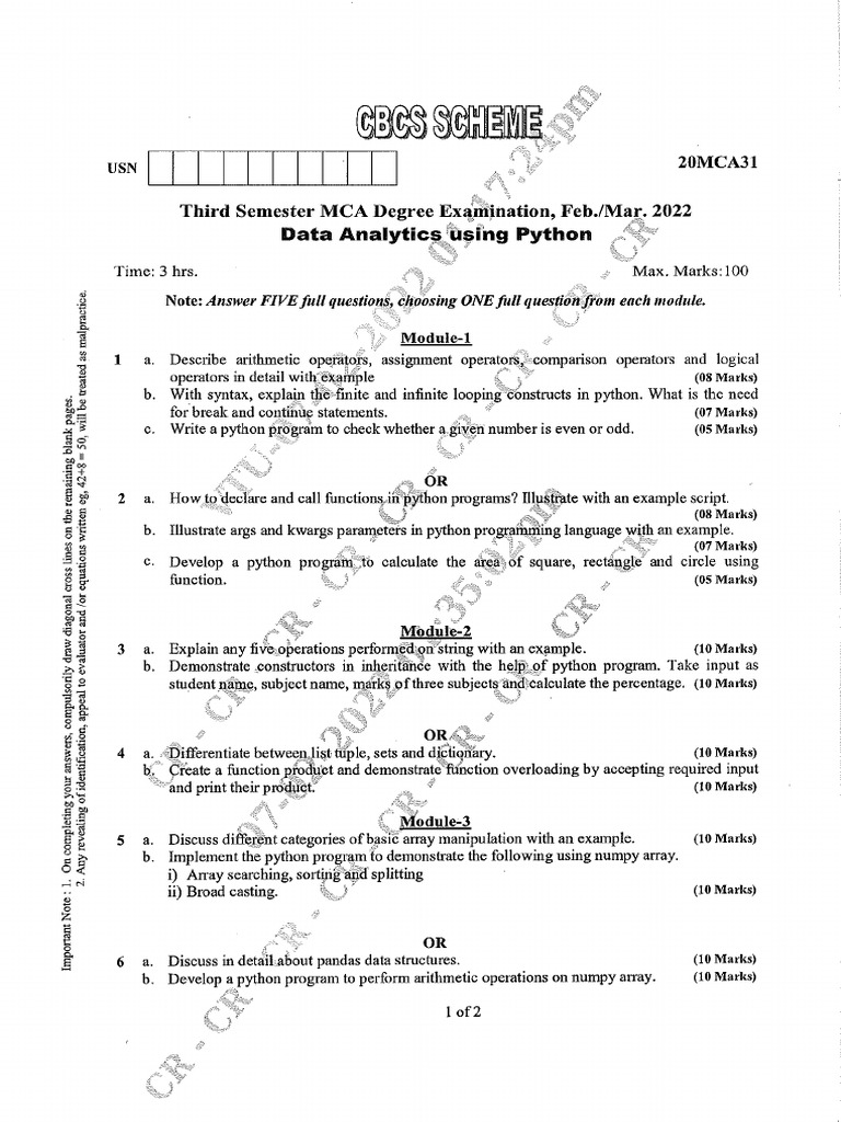 VTU Question Paper of 20MCA31 Data Analytics Using Python Feb-2022 | PDF VTU Question Paper of 20MCA31 Data Analytics Using Python Feb-2022 | PDF