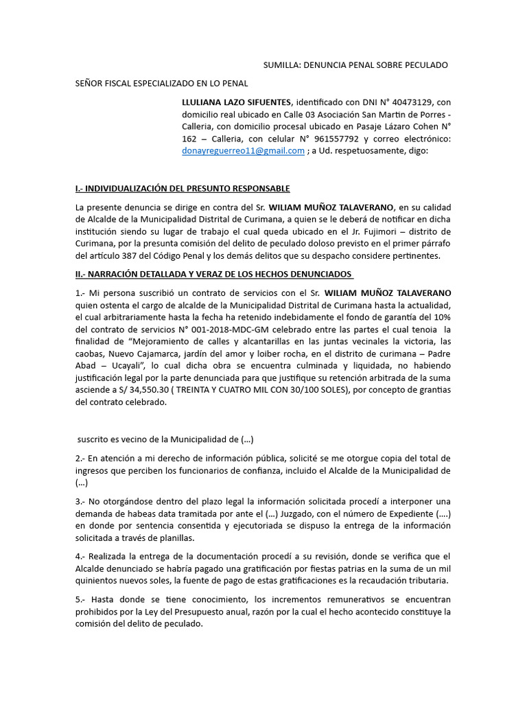 Denuncia Peculado | PDF | Justicia | Crimen y violencia
